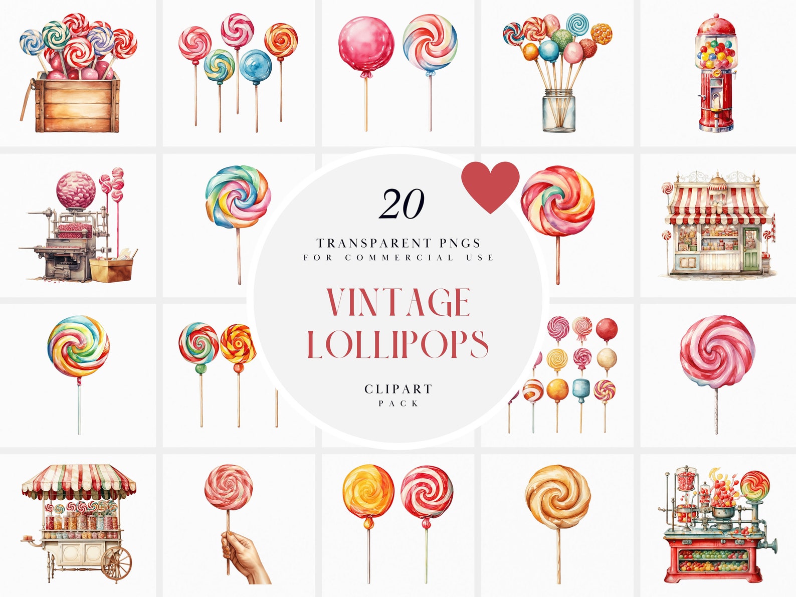 Watercolor Vintage Lollipop Clipart, Retro Lollipops Clipart, Lolly ...