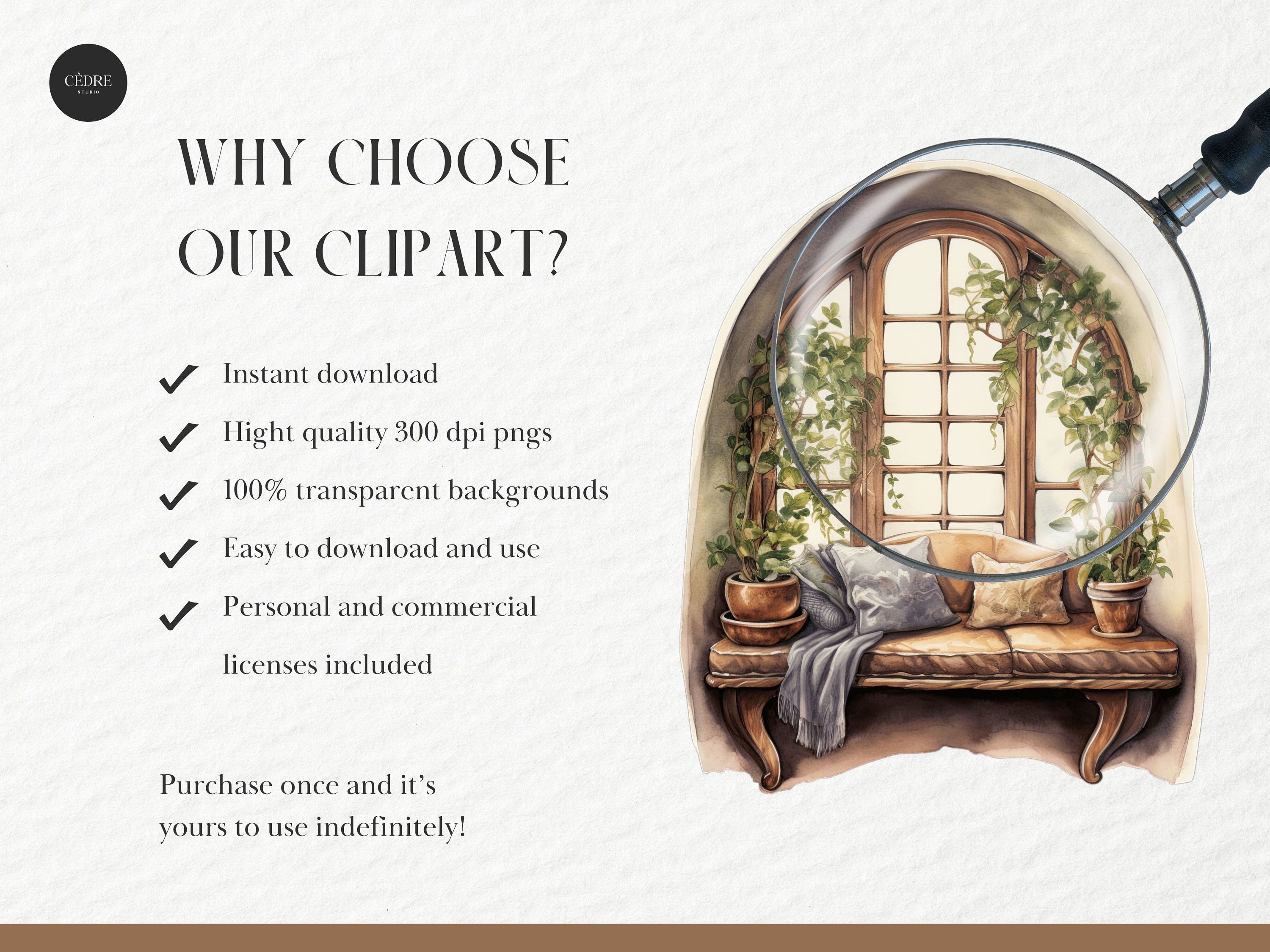 Watercolor Window Bench Clipart, Cozy Window Benches Clipart, Home ...
