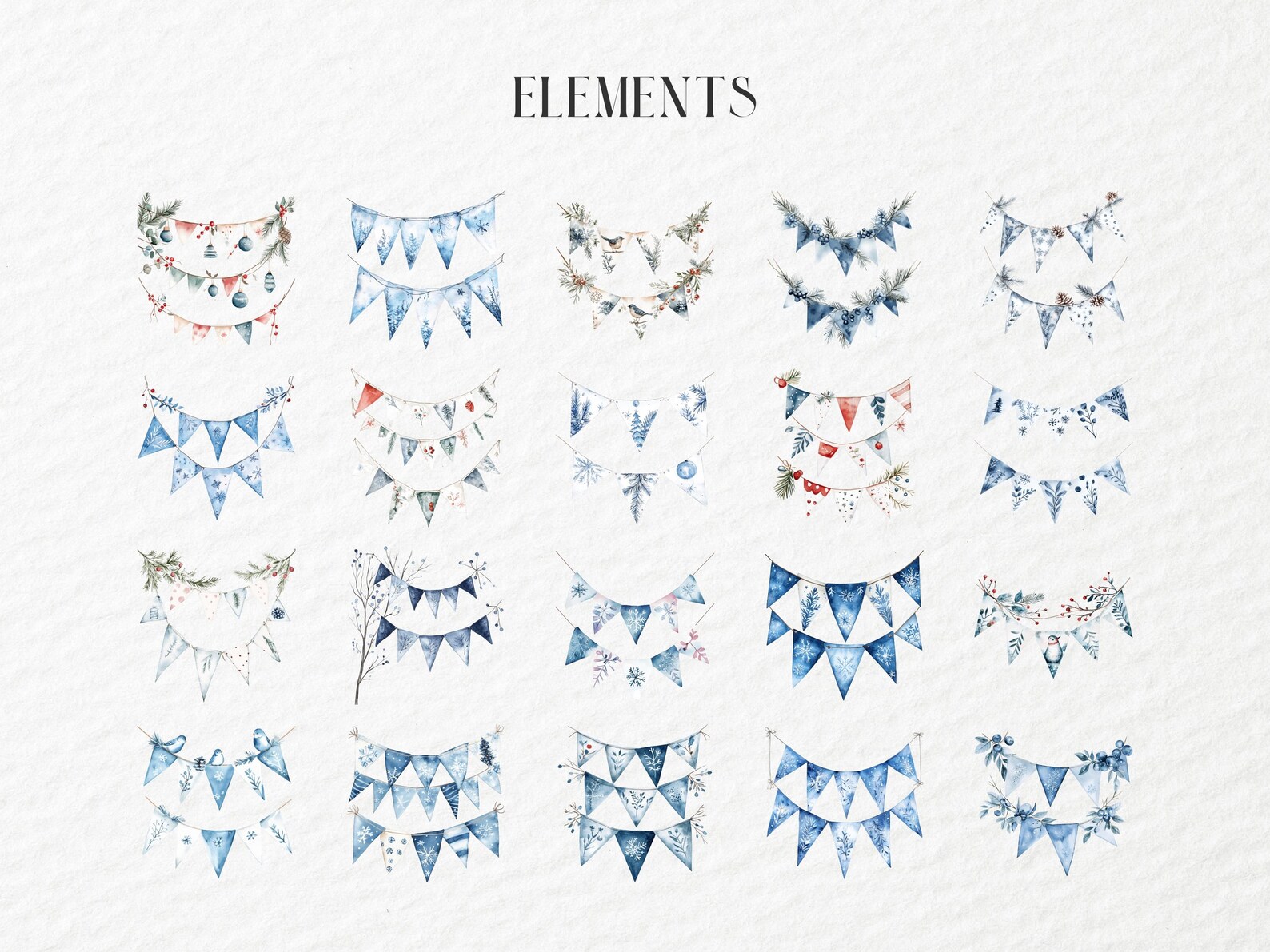 Watercolor Winter Bunting Clipart, Festive Triangle Garland Banner ...