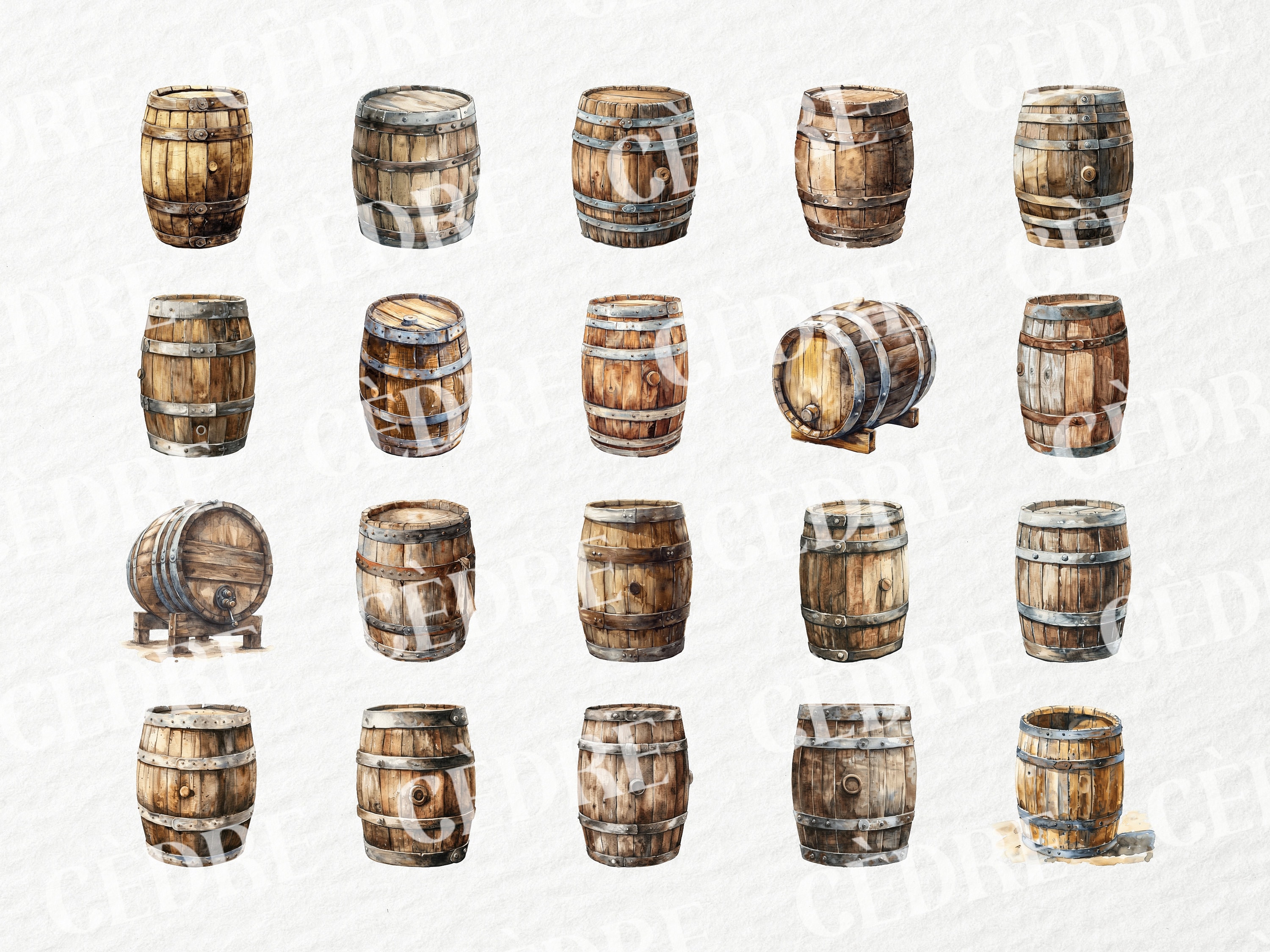 Watercolor Wooden Barrel Clipart, Old Wood Barrels Clipart, Oak ...