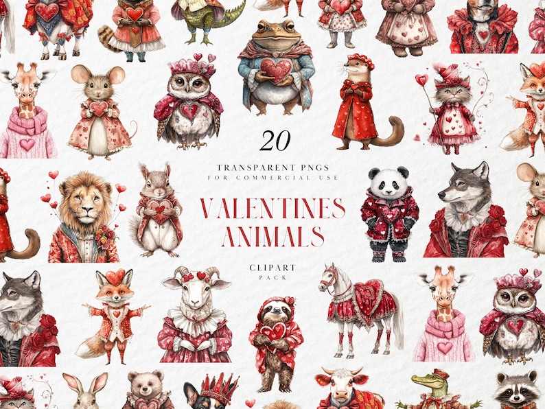 Watercolor Valentines Animals Clipart, Cute Romantic Heart, Love ...