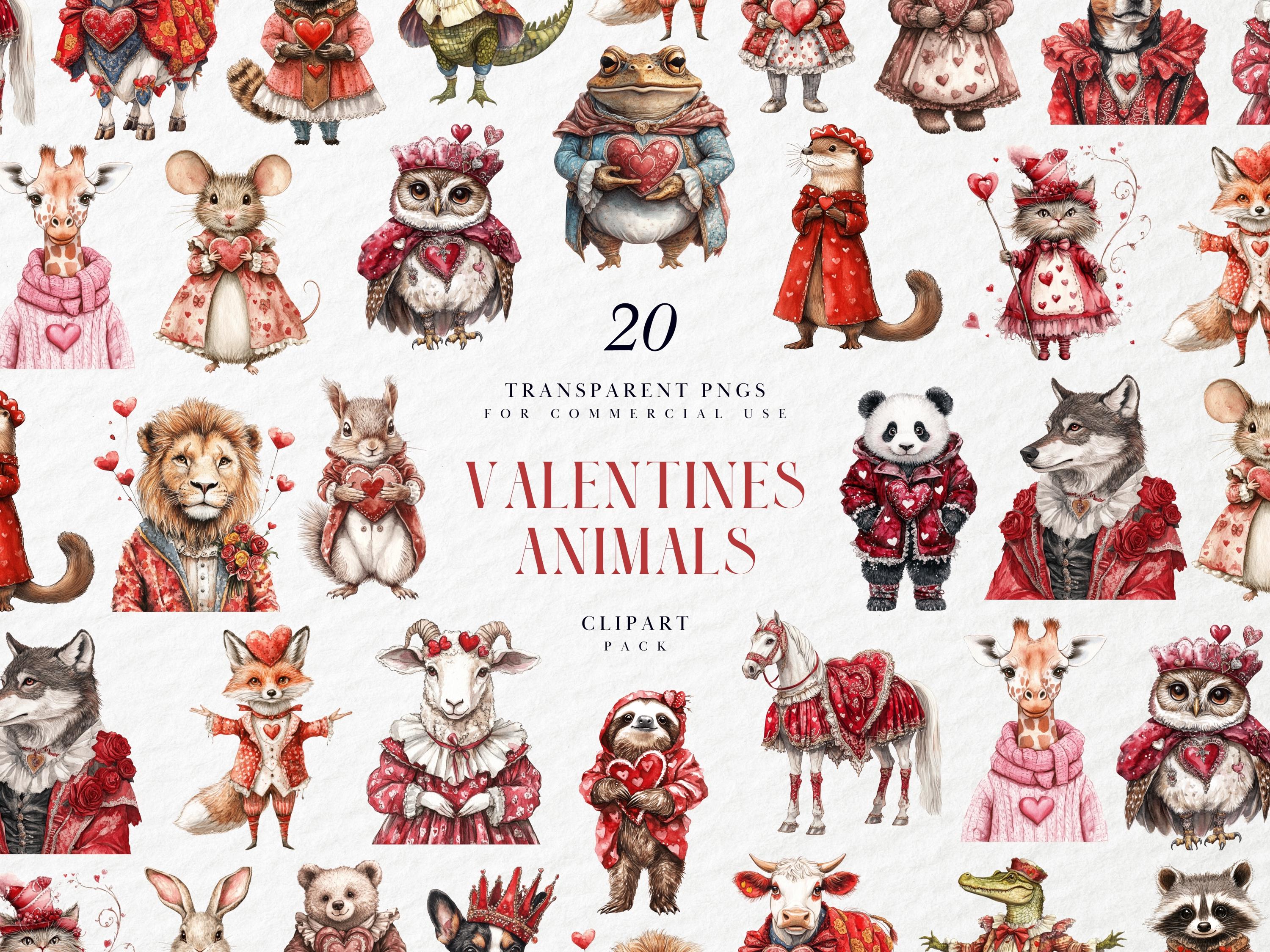 Watercolor Valentines Animals Clipart, Cute Romantic Heart, Love ...