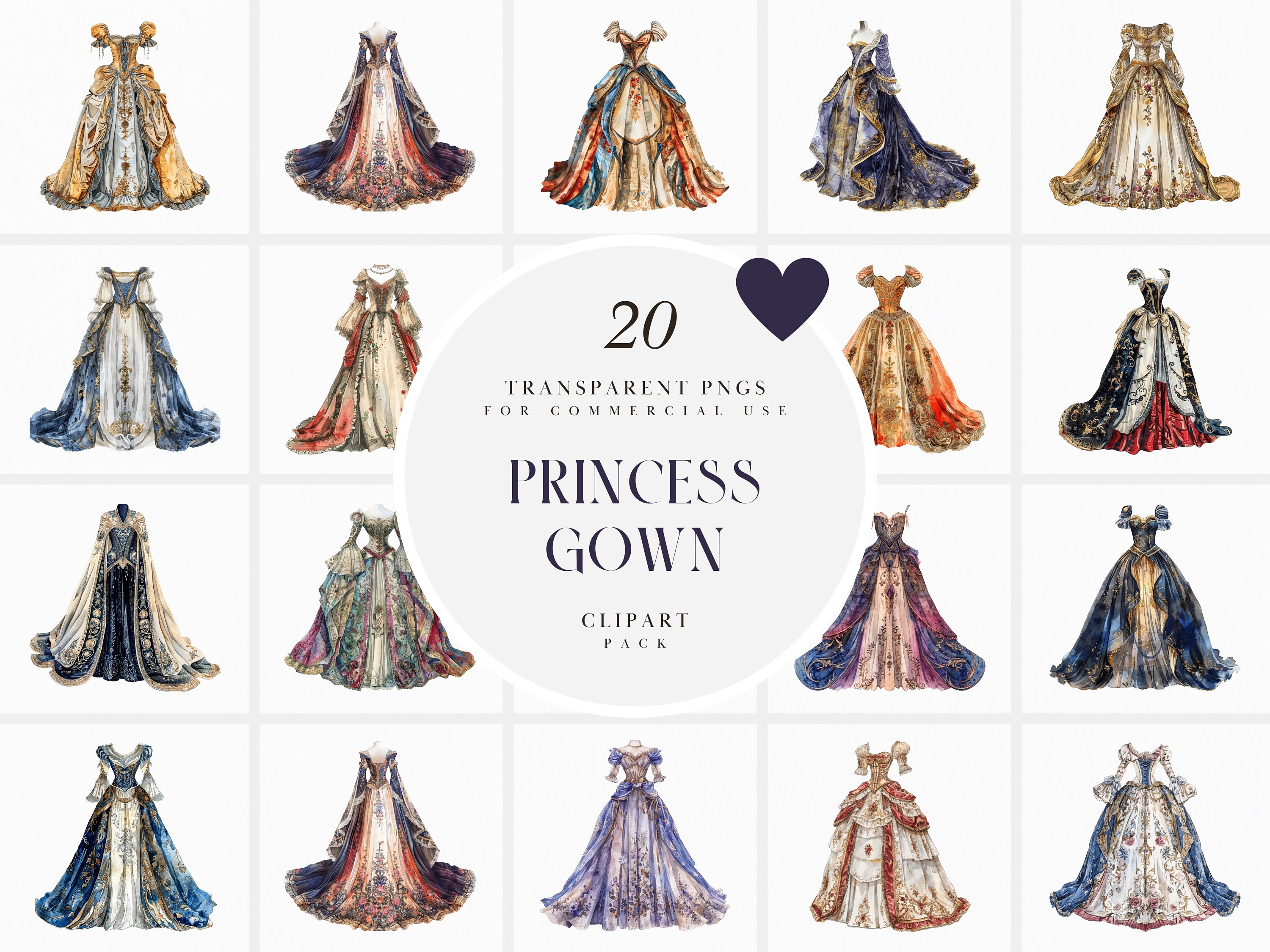 Watercolor Princess Gown Clipart, Regal Royalty Princess Dress Clipart ...