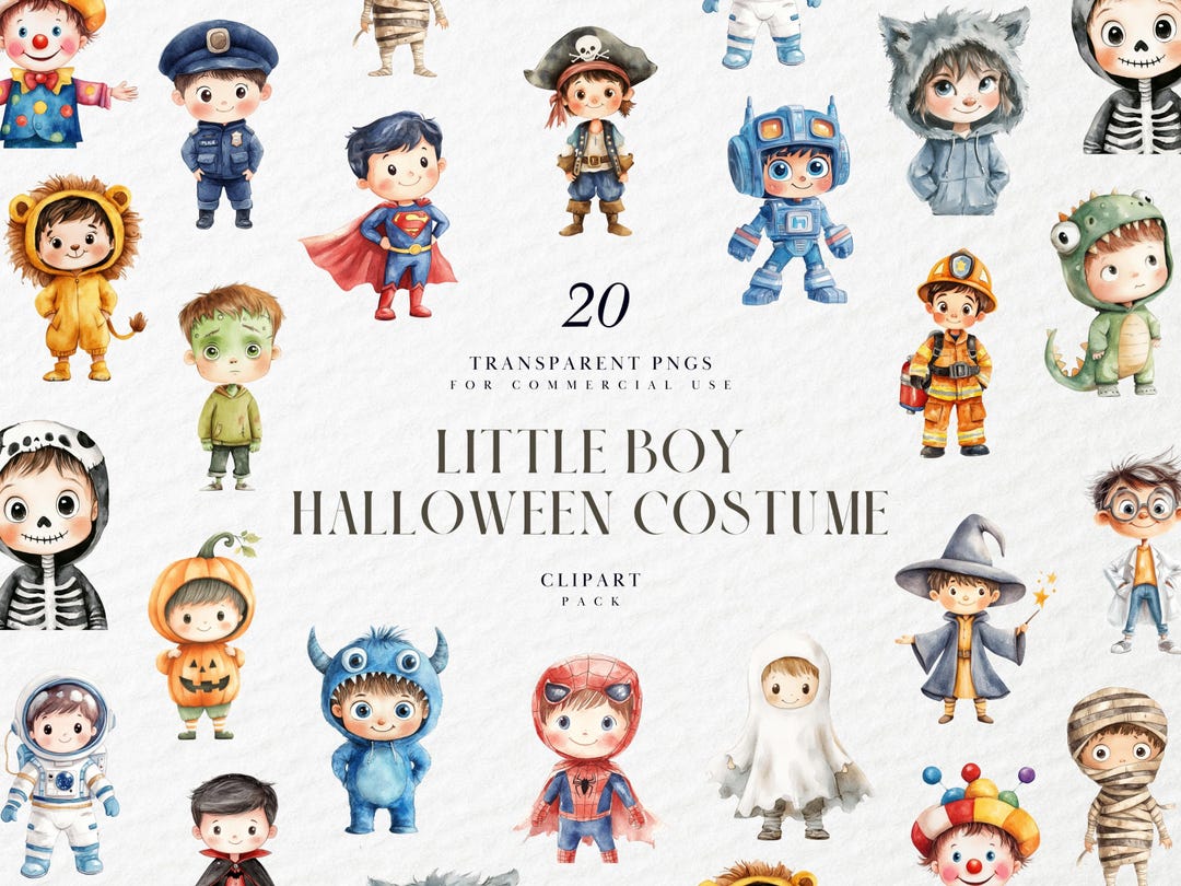 Watercolor Little Boys Halloween Costume Clipart, Adorable Children ...