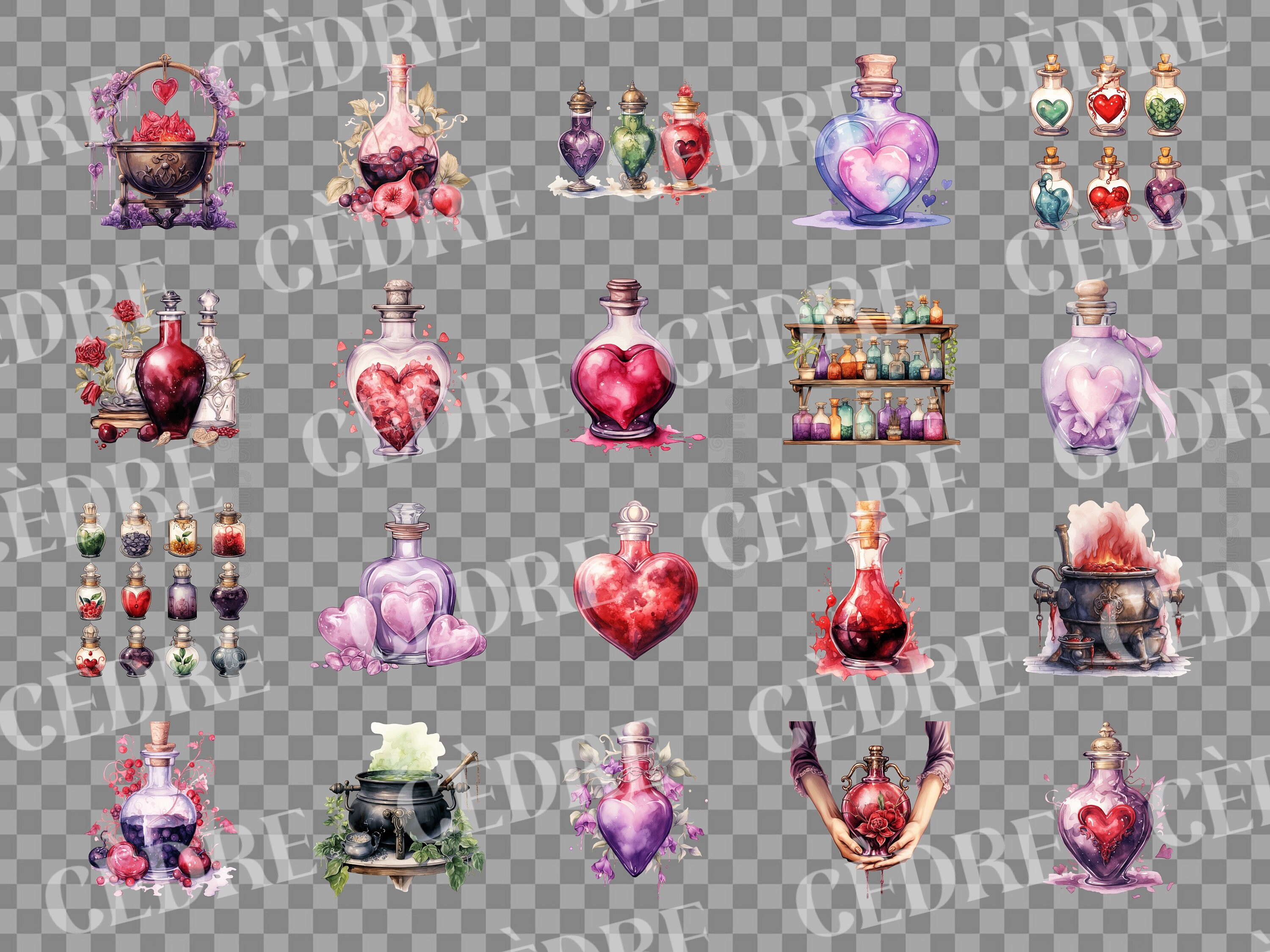 Watercolor Love Potion Clipart, Magical Love Potions Clipart ...