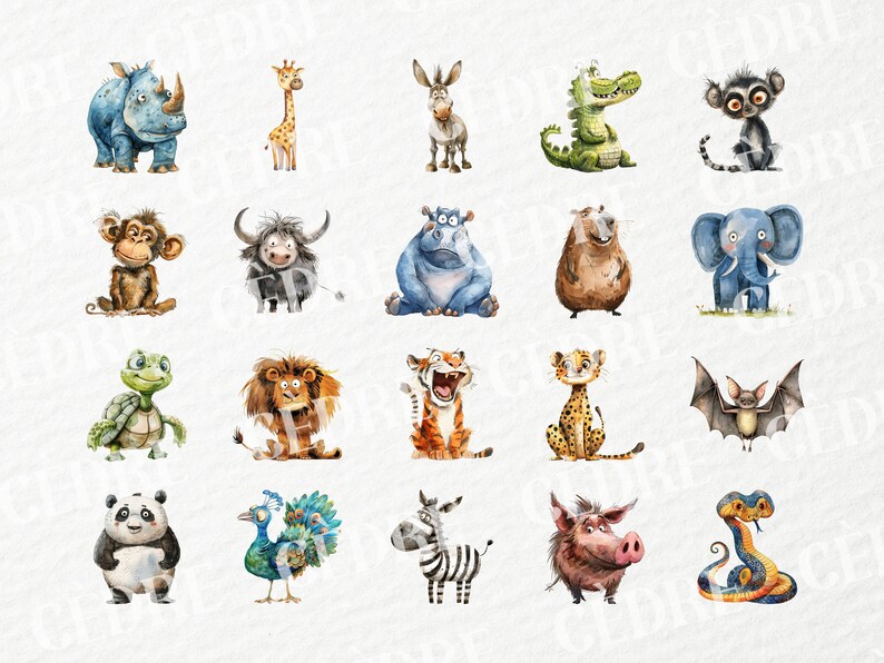 Watercolor Quirky Zoo Animals Clipart, Cute Funny Zoo Animals Clipart ...
