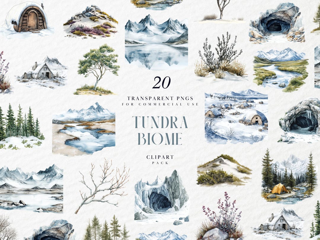 Watercolor Tundra Biome Clipart, Arctic Landscape, Snowy Plains, Moss ...