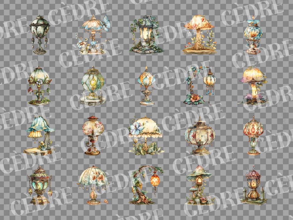 Watercolor Fantasy Bedside Lamps Clipart, Fantasy Oil Lamps Clipart ...