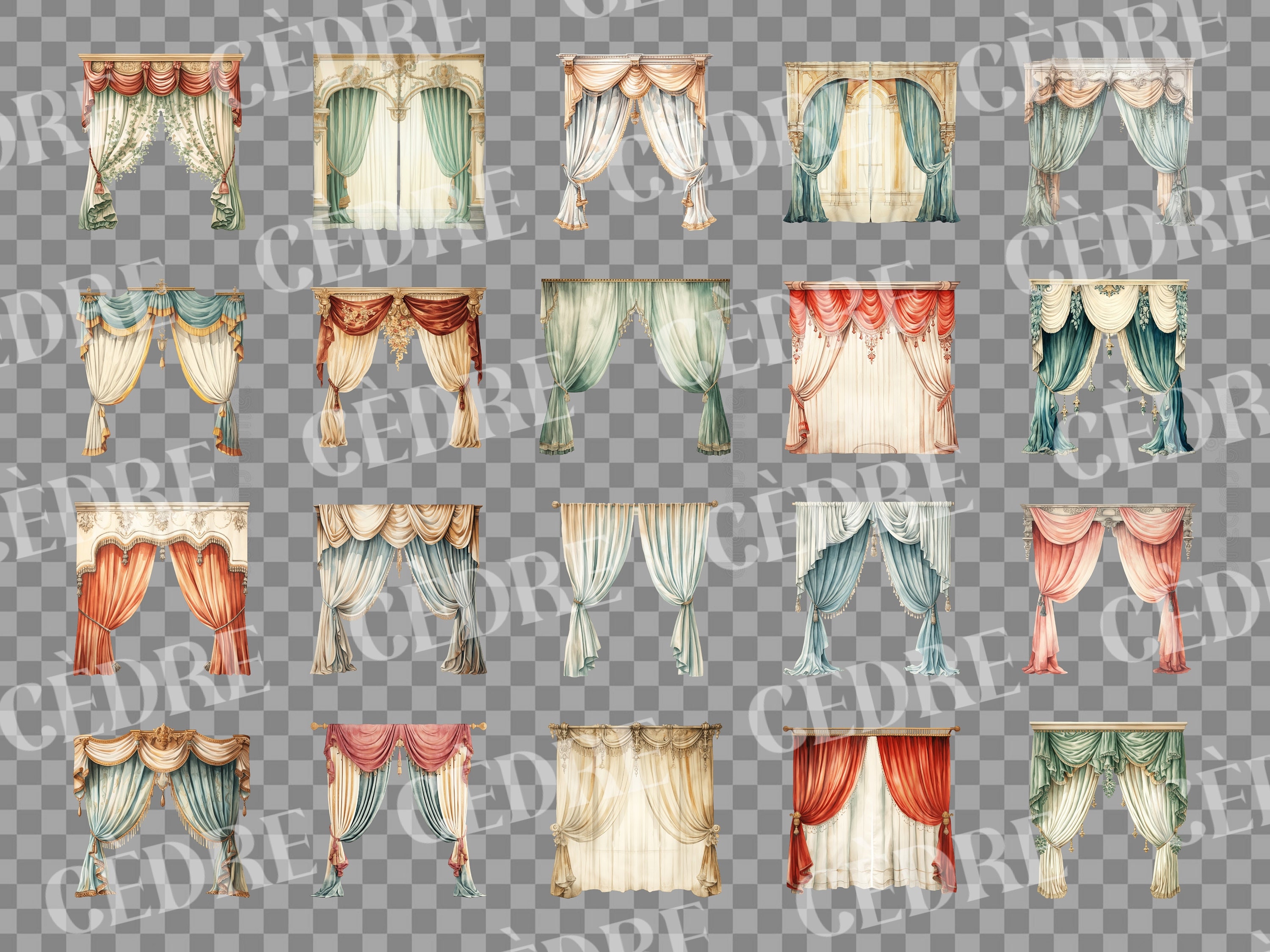 Watercolor Victorian Drapes Clipart, Retro Vintage Window Curtain ...