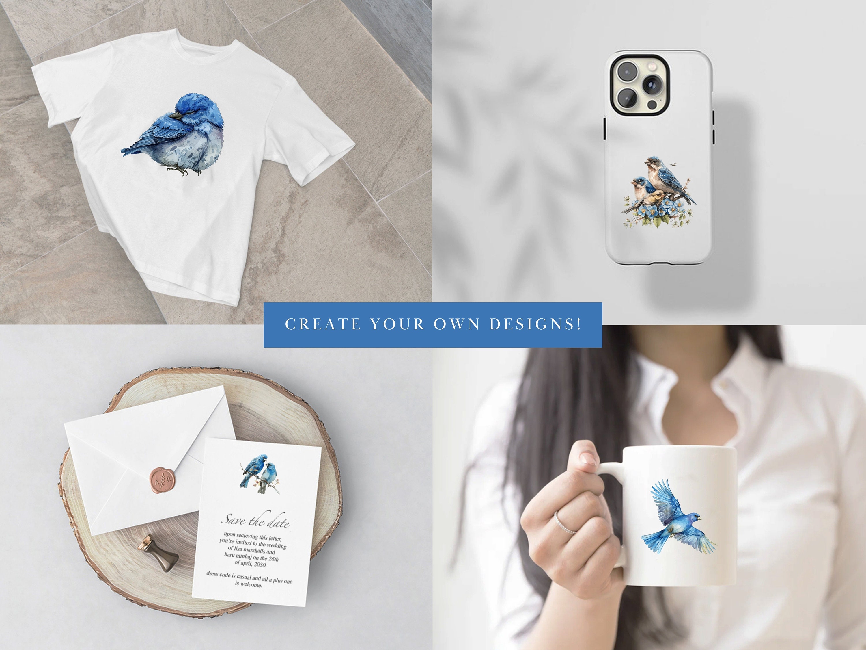 Watercolor Blue Finch Clipart, Flying Blue Finches Clipart, Chirping ...