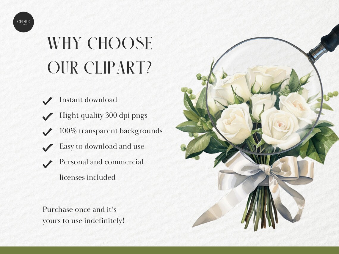 Watercolor White Rose Clipart, Bridal White Roses Clipart, Wedding ...