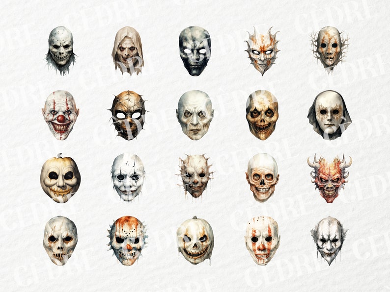 Watercolor Scary Mask Clipart, Spooky Masks Clipart, Halloween Mask ...