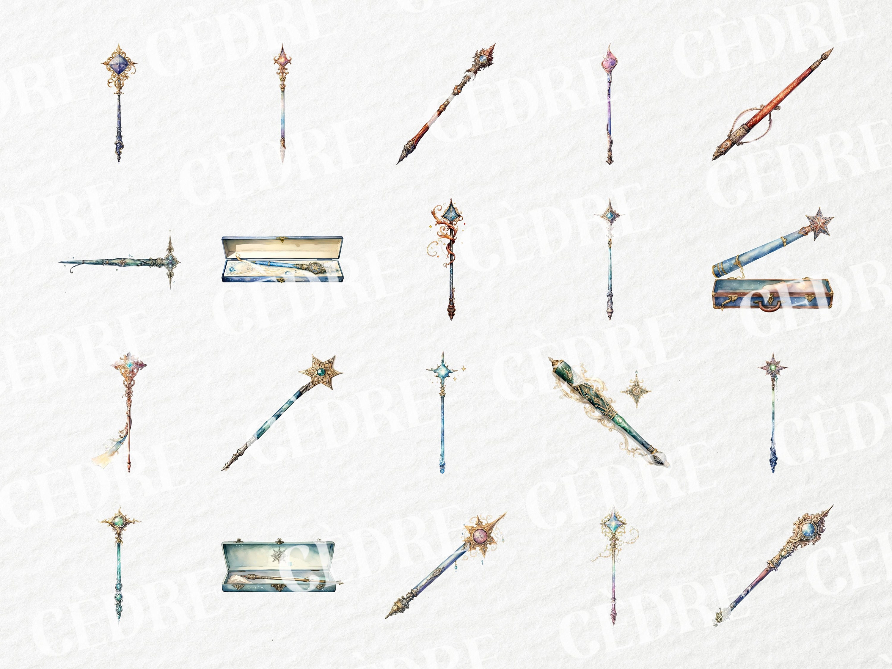 Watercolor Magic Wand Clipart, Magical Witch Staff Clipart, Fairy Wand ...