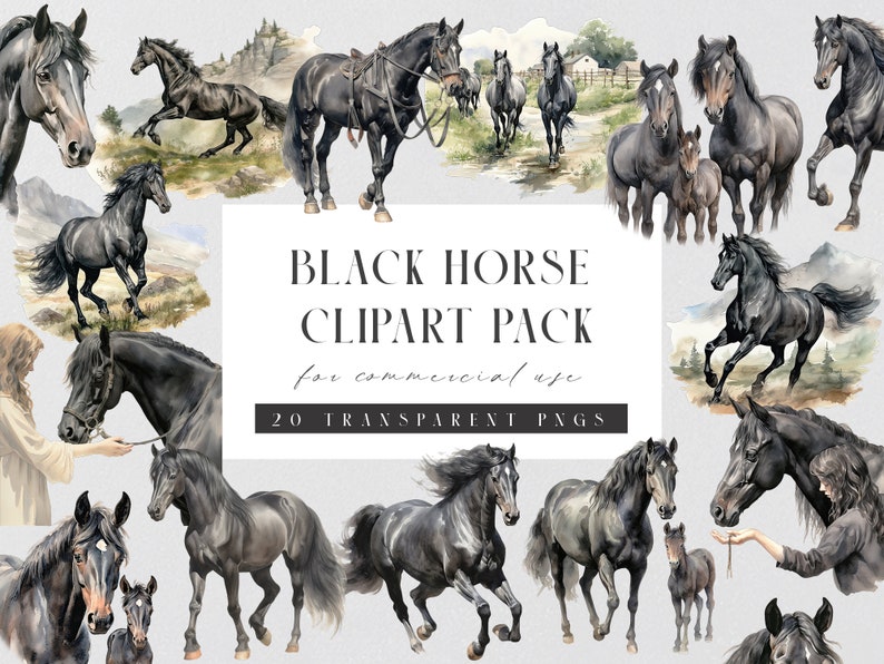 Watercolor Black Horse Clipart Black Horses Clipart Black - Etsy