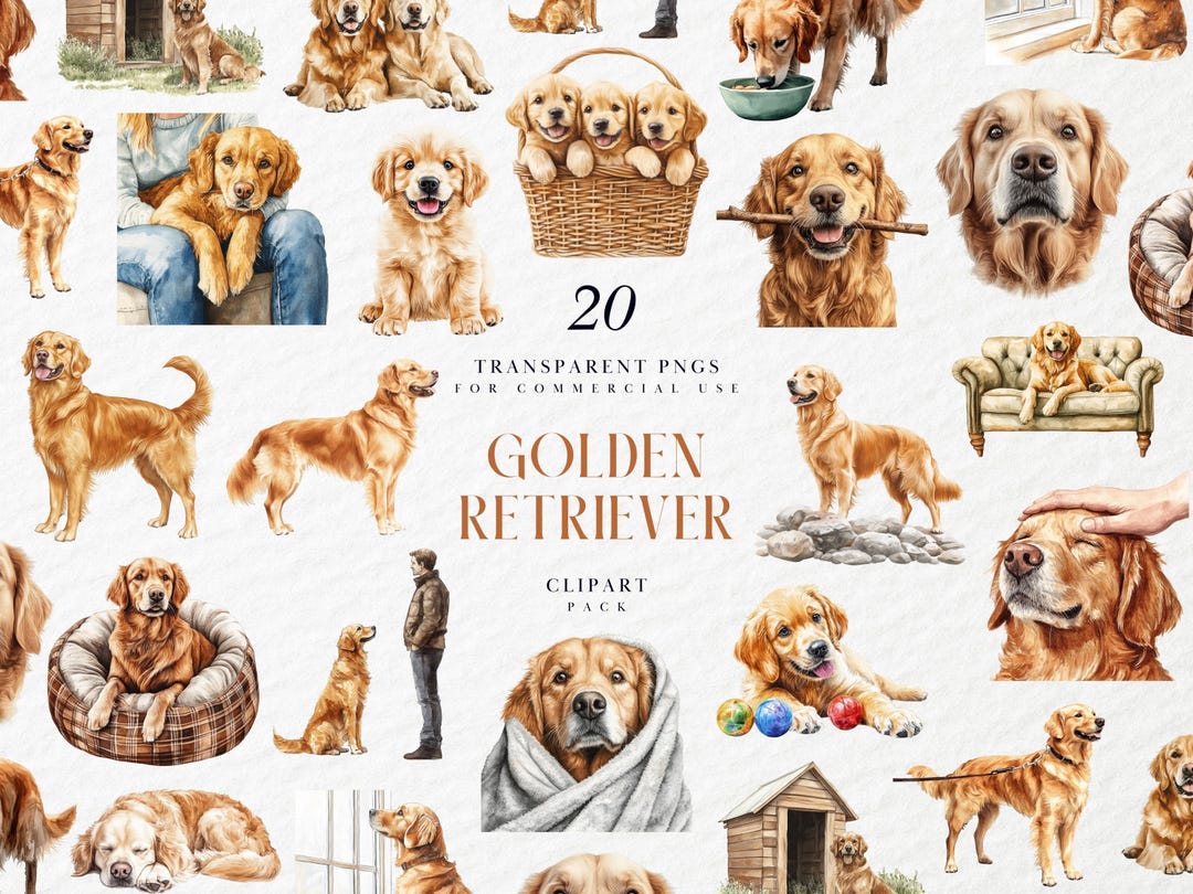 Watercolor Golden Retriever Clipart, Golden Retrievers Clipart, Cute ...