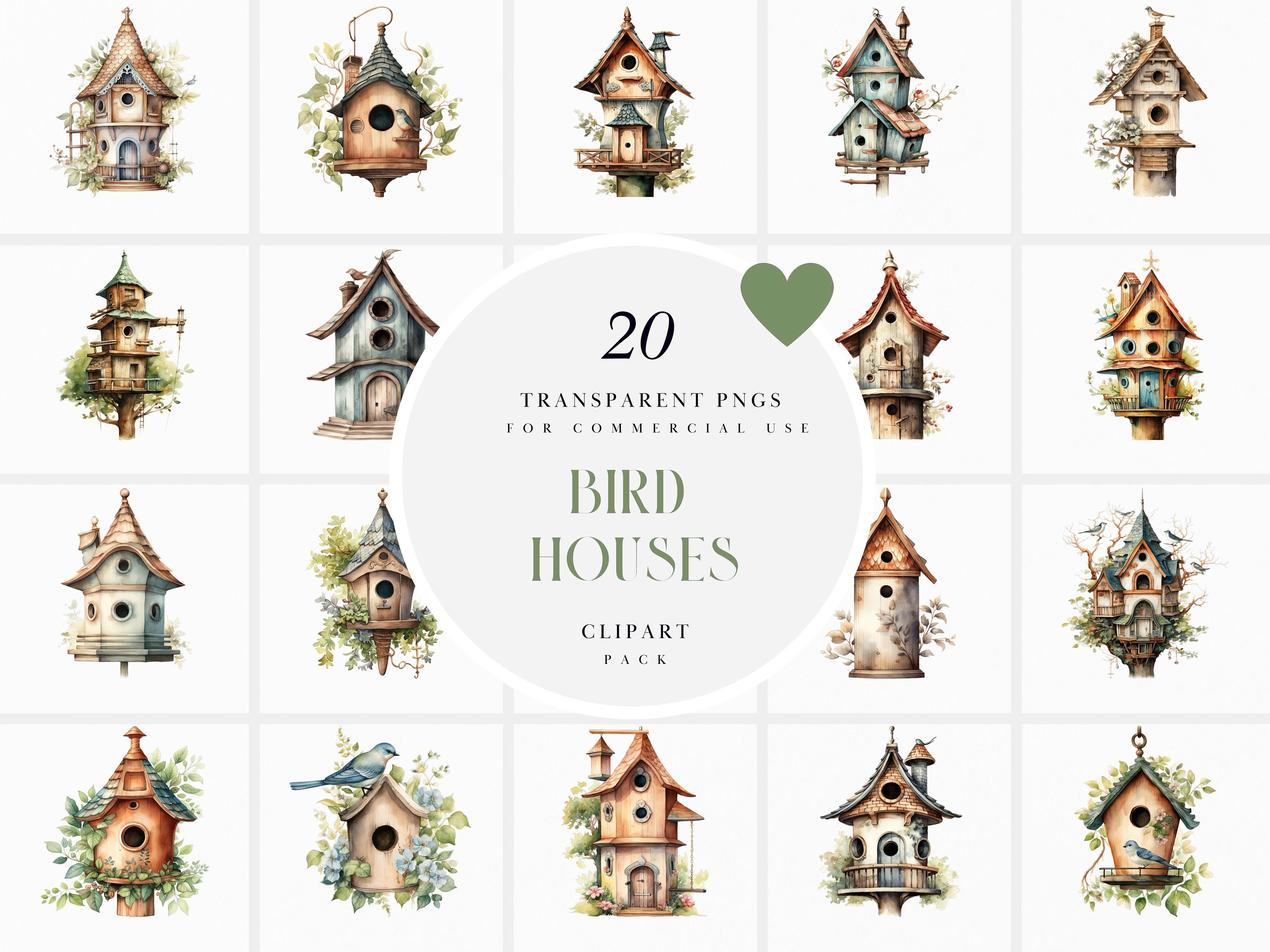 Watercolor Birdhouse Clipart, Backyard Garden Birdhouses Clipart ...
