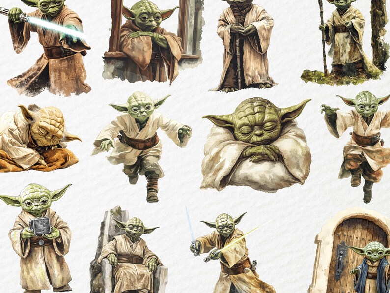 Watercolor Yoda Clipart, Star Wars Inspired Cosmic Mentor, Robes and ...