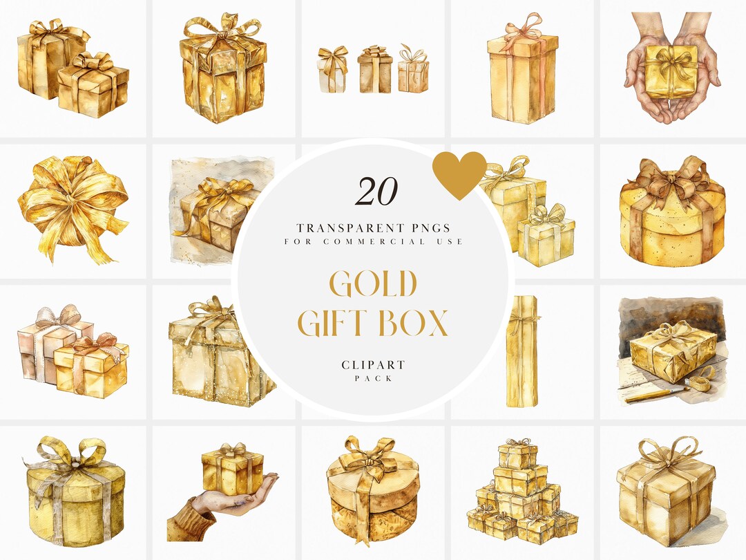 Watercolor Gold Gift Box Clipart, Golden Present Clipart, Wrapped Gift ...