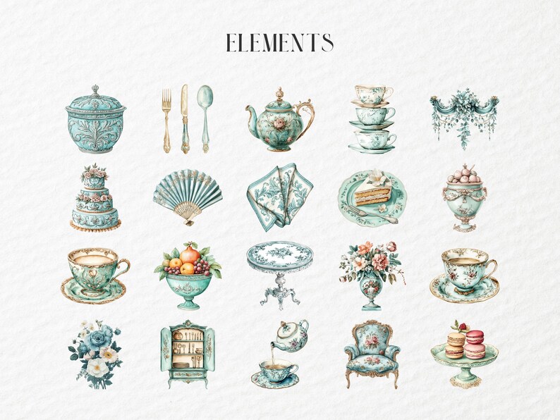 Watercolor Teal Tea Party Clipart, Vintage Floral Teacups With ...
