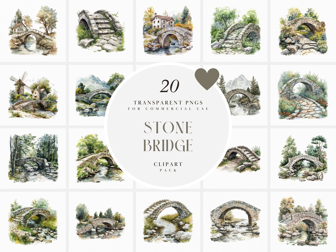 Watercolor Stone Bridge Clipart, Stone Bridges Clipart, Old Rustic ...