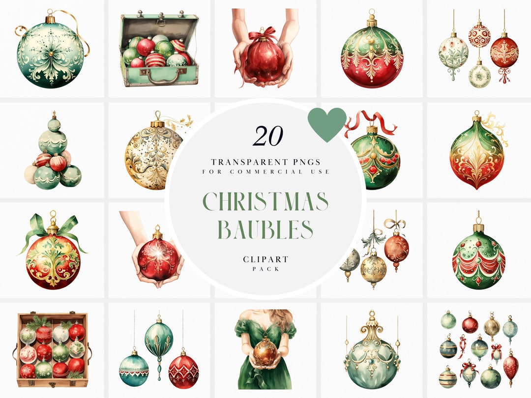 Watercolor Christmas Baubles Clipart, Christmas Globes Clipart, Red and ...