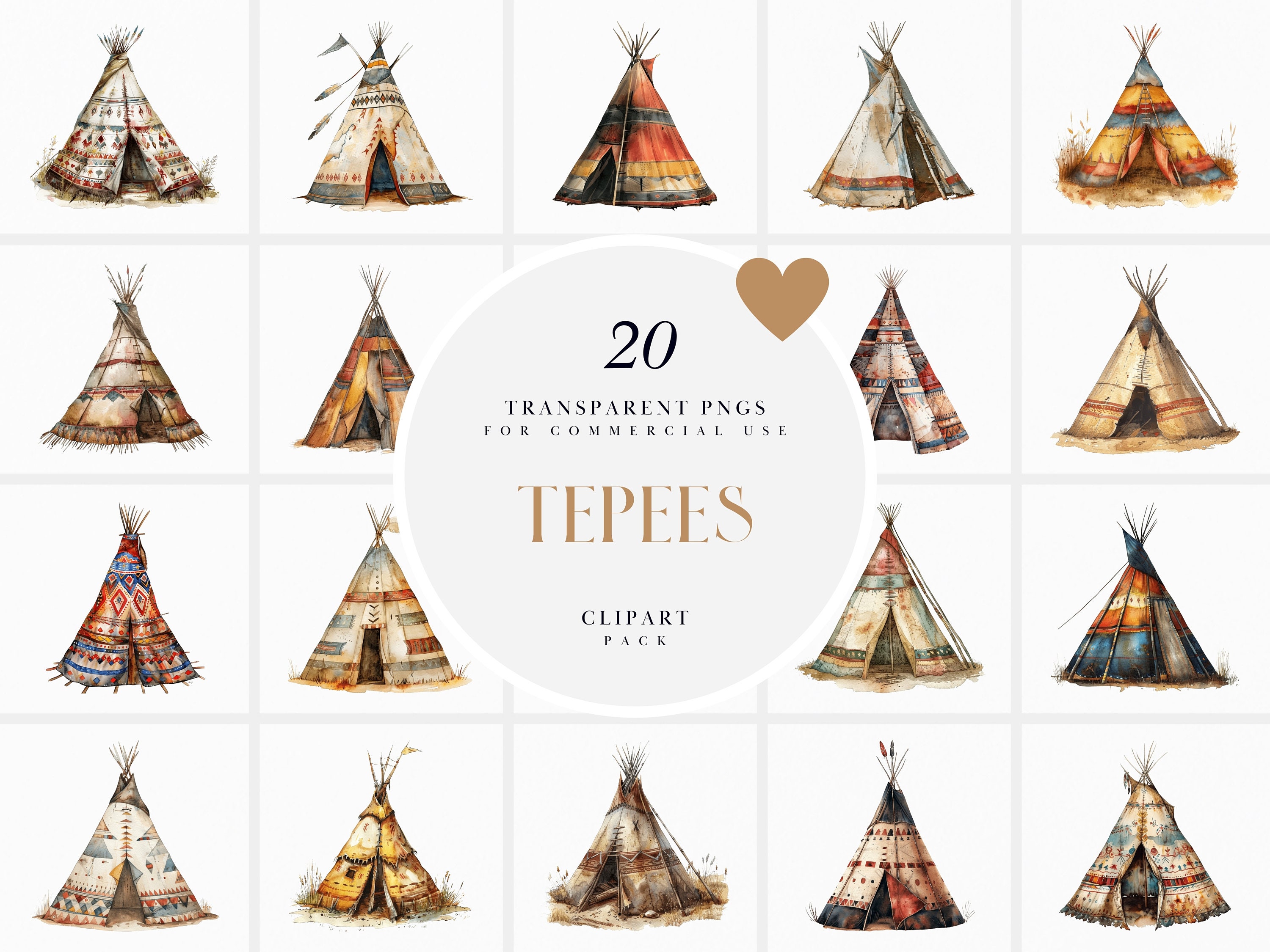 Watercolor Tepee Tent Clipart, Tipi Tent Clipart, Lodge Tents Clipart ...