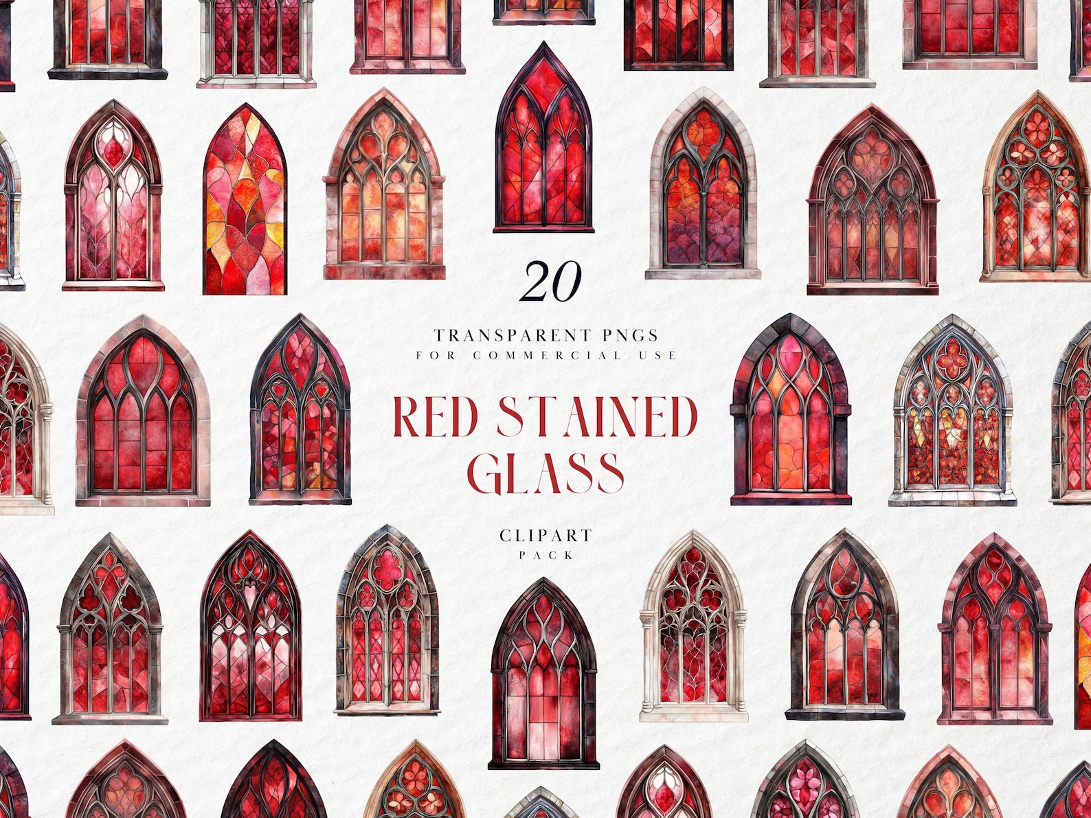 Watercolor Red Stained Glass Clipart, Cathedral Mosaic Panels, Floral ...
