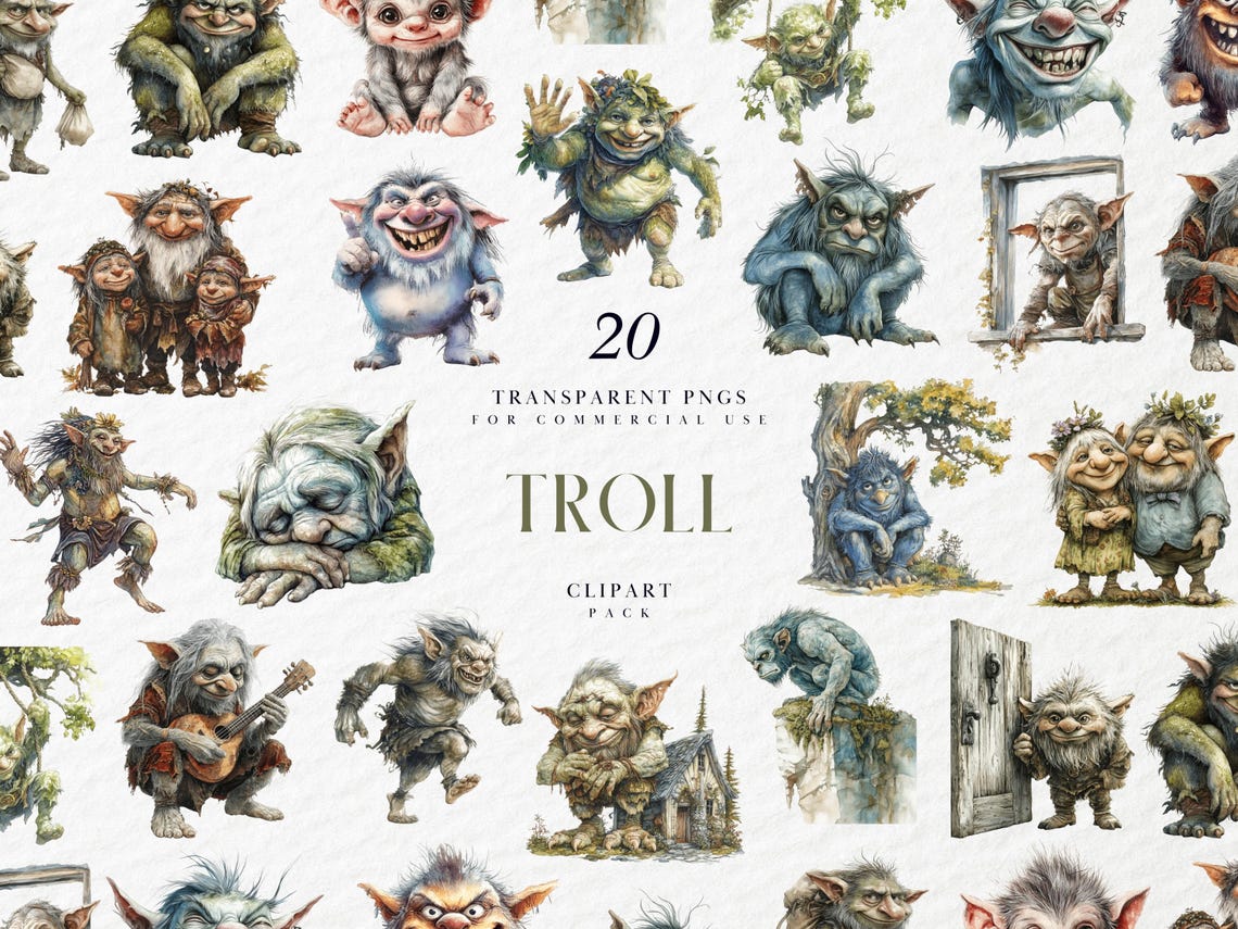 Watercolor Troll Clipart, Scandinavian Fantasy Creature, Fairytale ...