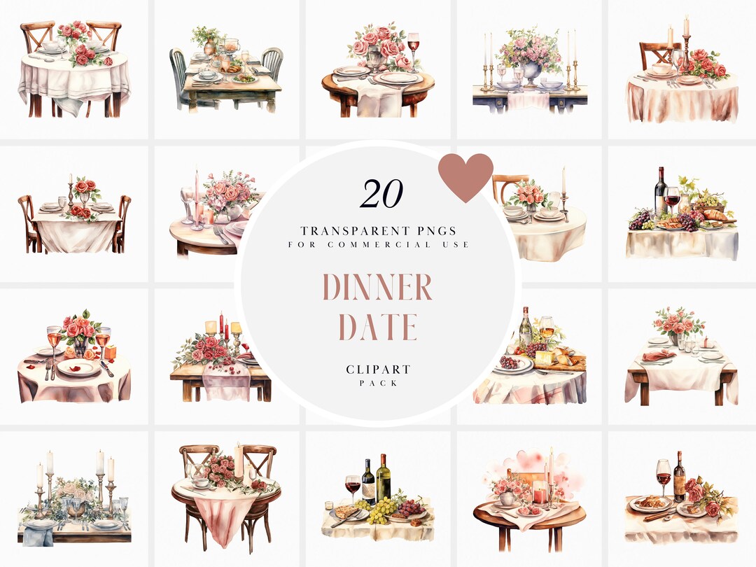 Watercolor Dinner Date Clipart, Romantic Dinner Table Clipart, Romantic ...