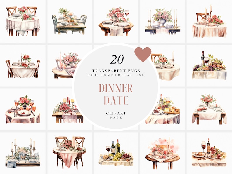 Watercolor Dinner Date Clipart, Romantic Dinner Table Clipart, Romantic ...
