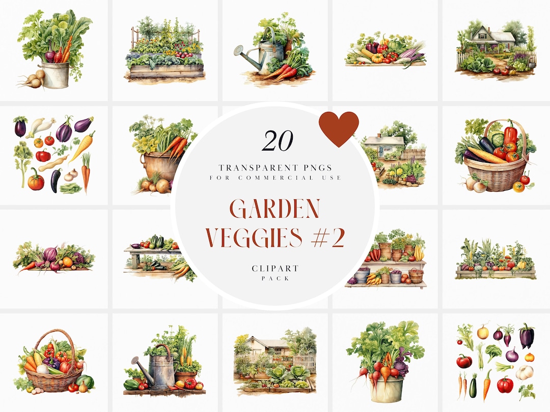 Watercolor Veggie Garden Clipart, Assorted Veggies Clipart, Basket of ...
