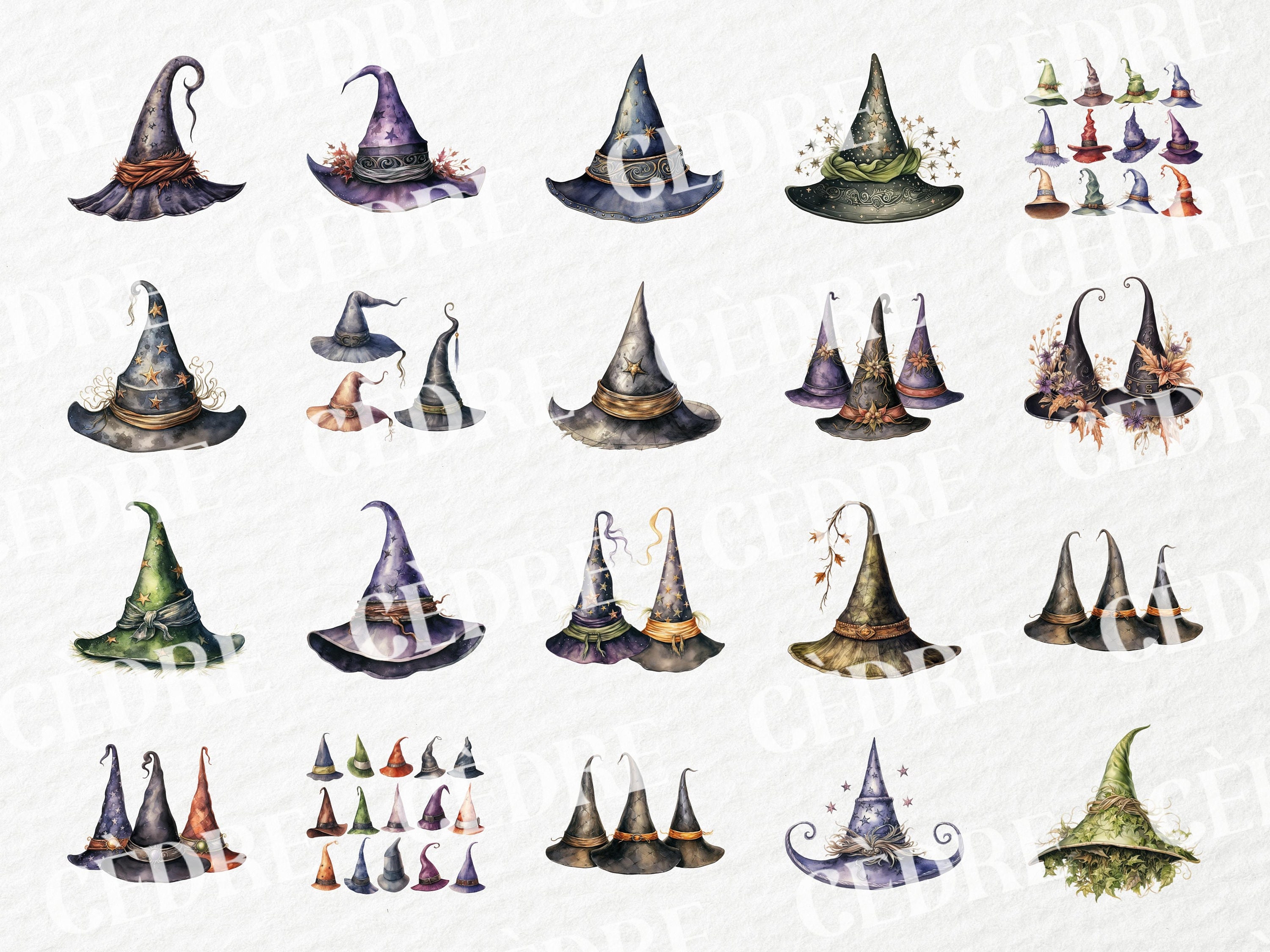Watercolor Witch Hat Clipart, Fantasy Witch Clipart, Witchy Hats ...