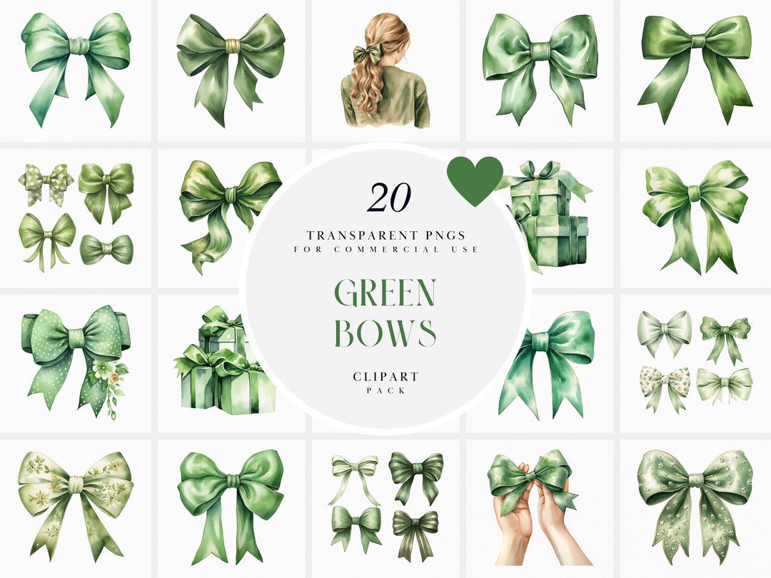 Watercolor Green Bow Clipart, Black Hair Bows Clipart, Green Ribbon ...