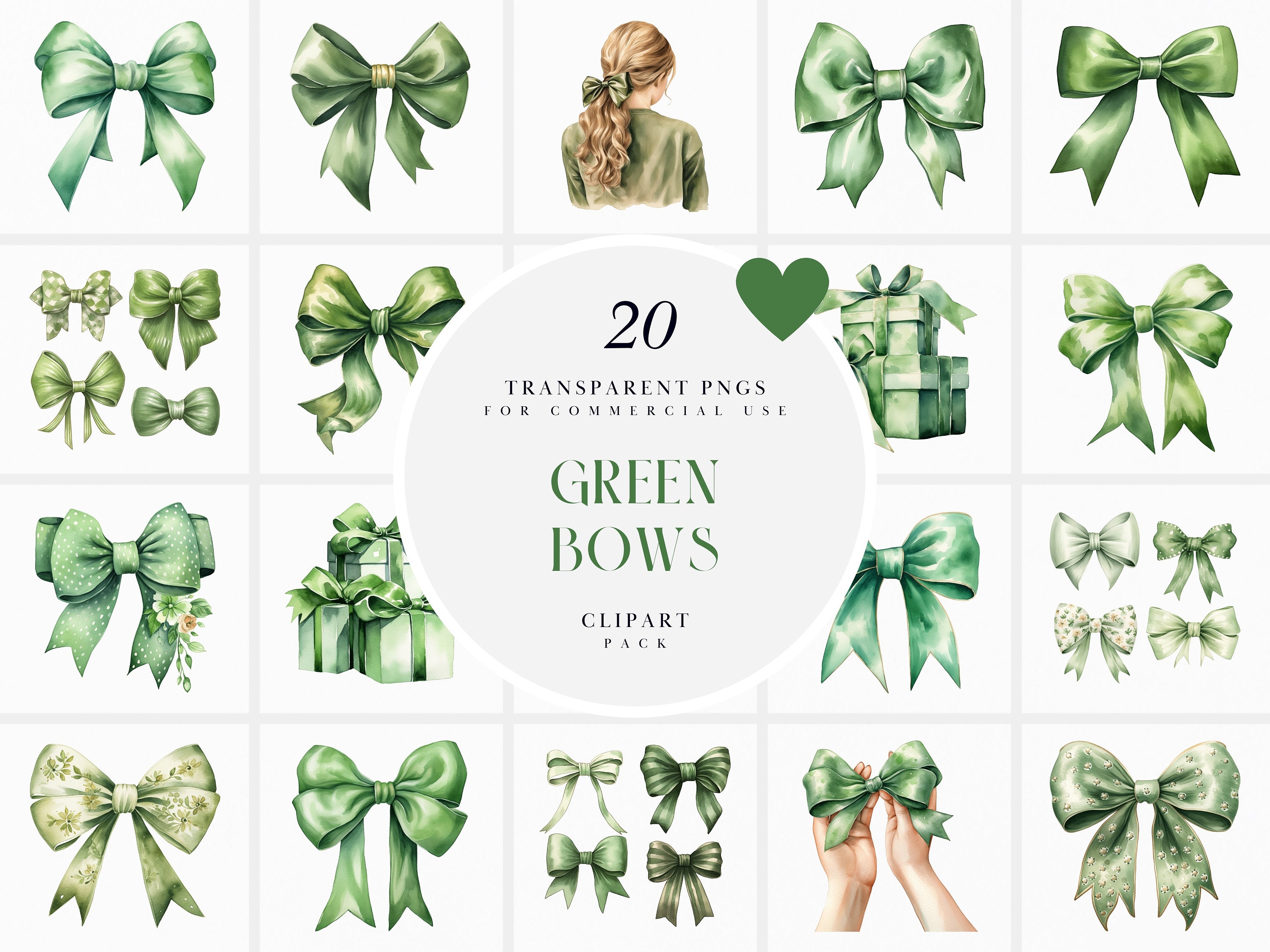 Watercolor Green Bow Clipart, Black Hair Bows Clipart, Green Ribbon ...