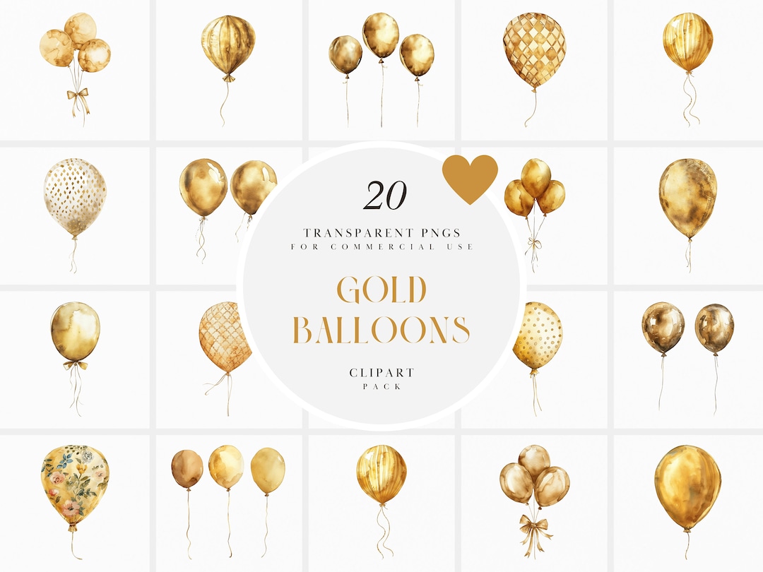 Watercolor Gold Balloon Clipart, Golden Balloons Clipart, Birthday ...