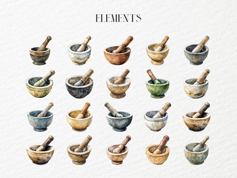 Watercolor Mortar and Pestle Clipart, Apothecary Herb Crusher, Kitchen ...
