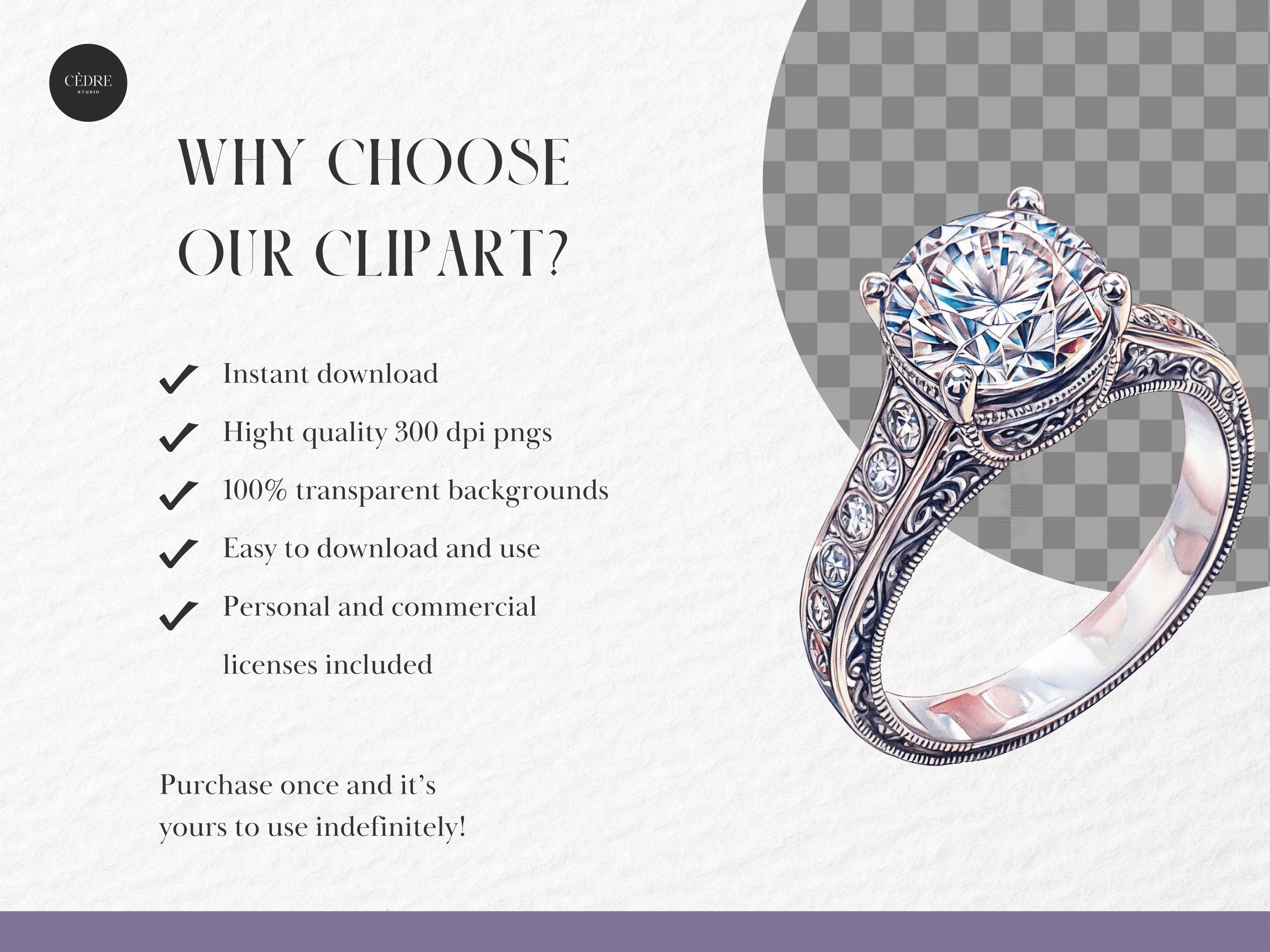 Watercolor Engagement Ring Clipart, Diamond Solitaire Band, Wedding ...