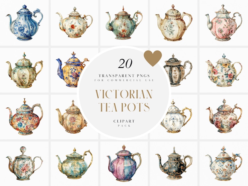 Watercolor Victorian Teapot Clipart, Victorian Teapots Clipart, Antique ...