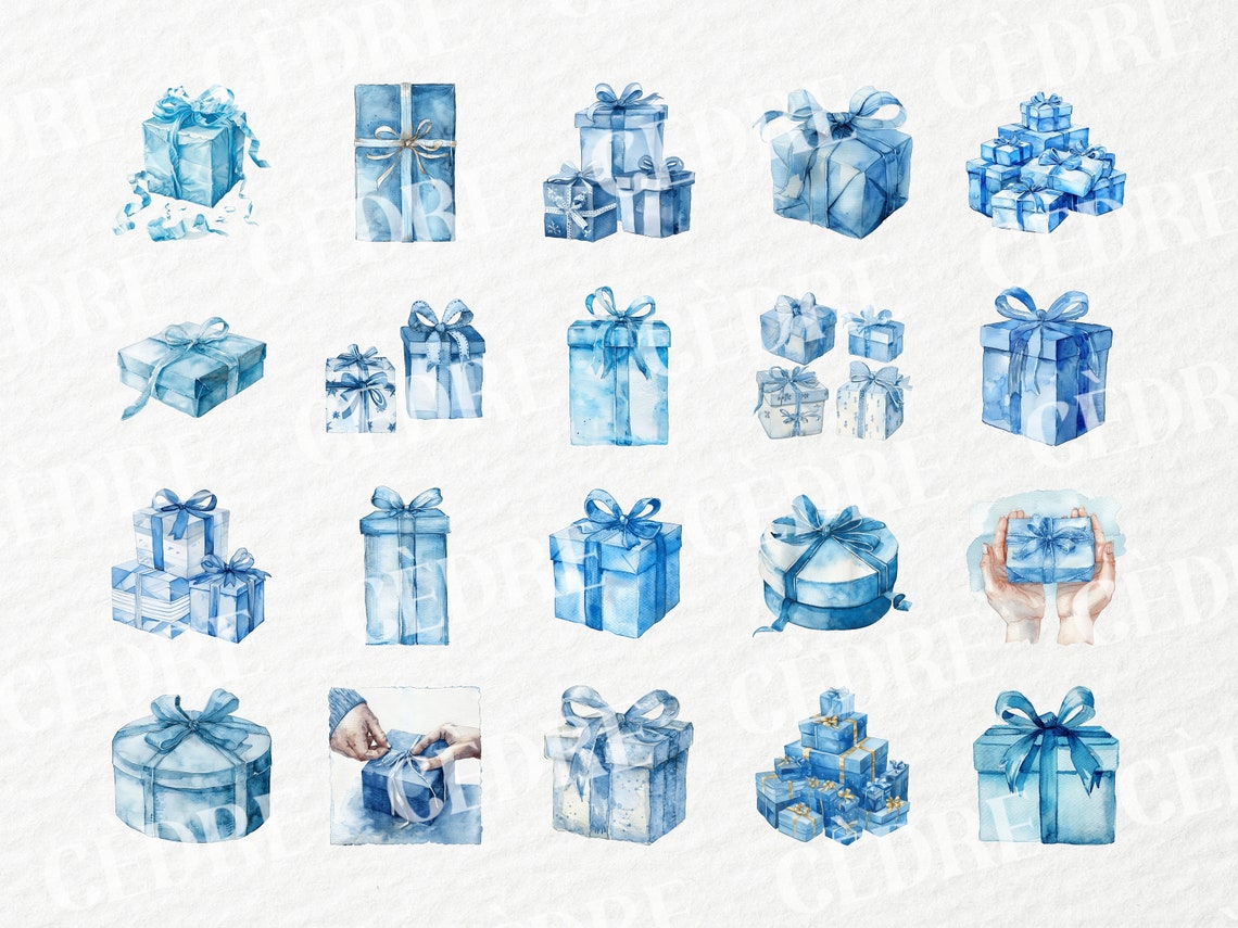 Watercolor Blue Gift Box Clipart, Blue Present Clipart, Wrapped Gift ...