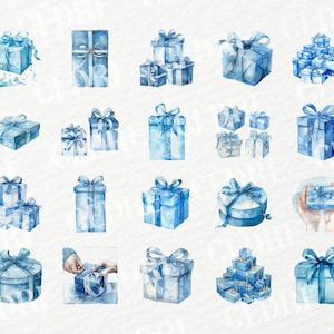 Watercolor Blue Gift Box Clipart, Blue Present Clipart, Wrapped Gift ...