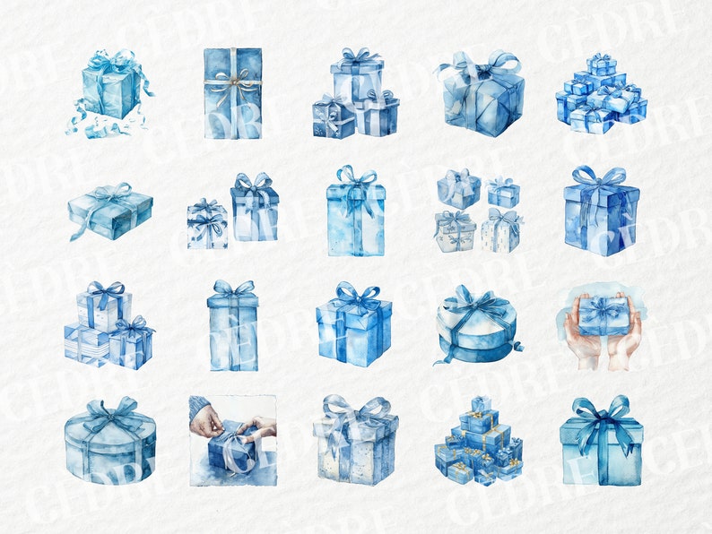 Watercolor Blue Gift Box Clipart, Blue Present Clipart, Wrapped Gift ...