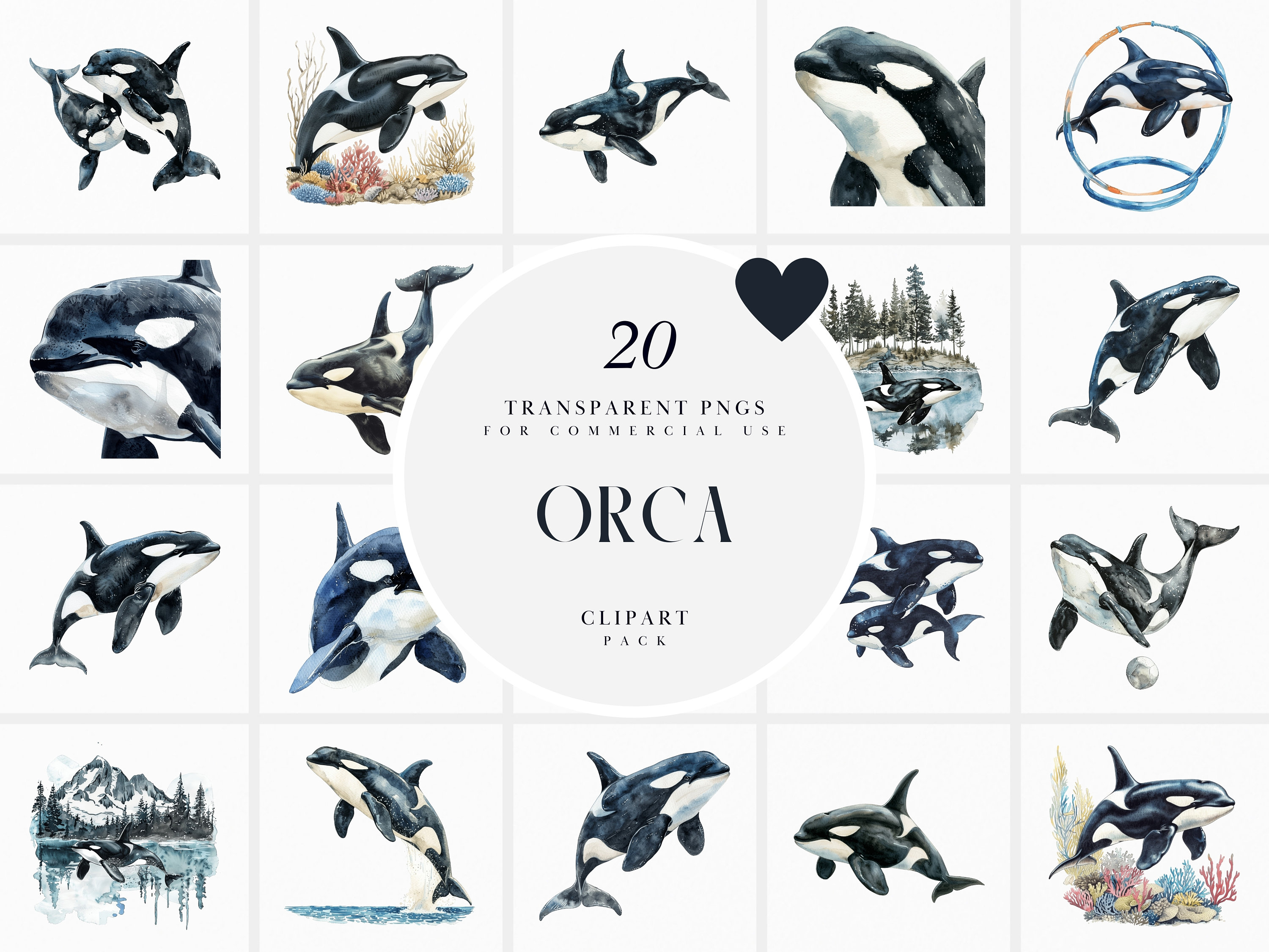 Watercolor Orca Clipart, Killer Whale Clipart, Black and White Orcas ...