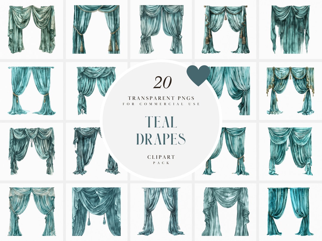 Watercolor Teal Drapes Clipart, Window Drape Clipart, Card Making ...