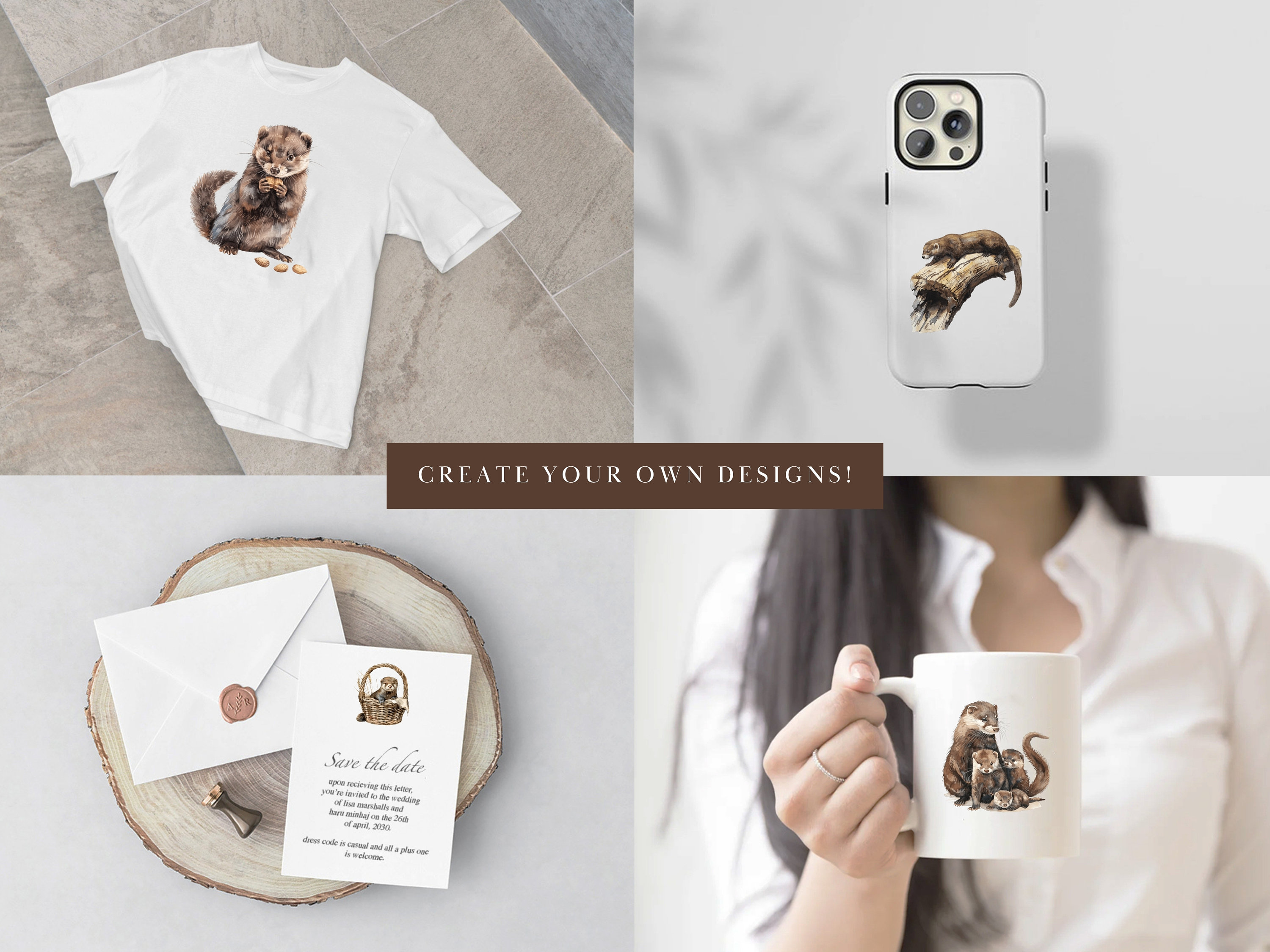 Watercolor Mink Clipart, Minks Clipart, Pet Cute Baby Minks, American ...