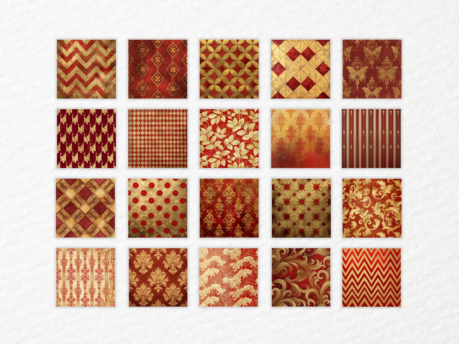 Red and Gold Digital Patterns, Golden Patterned Digital Papers, Digital ...