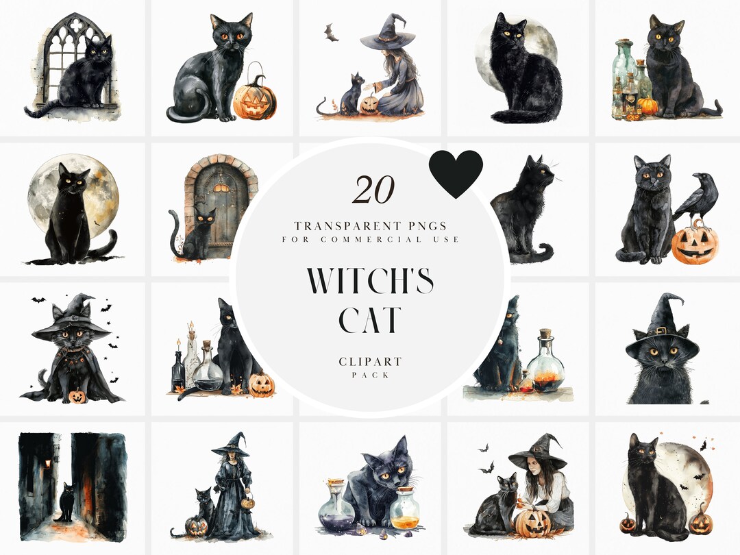 Watercolor Witchs Black Cat Clipart, Magical Black Cat Clipart, Fantasy ...