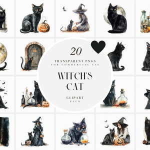 Watercolor Witchs Black Cat Clipart, Magical Black Cat Clipart, Fantasy ...