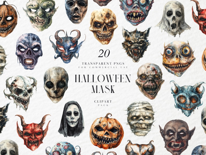 Watercolor Halloween Mask Clipart, Scary Mask, Spooky Masked Character ...