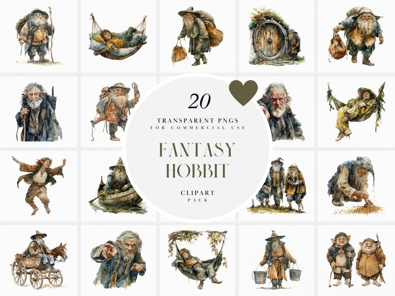 Watercolor Fantasy Hobbit Clipart, Magical Hobbits Clipart, Fantasy ...