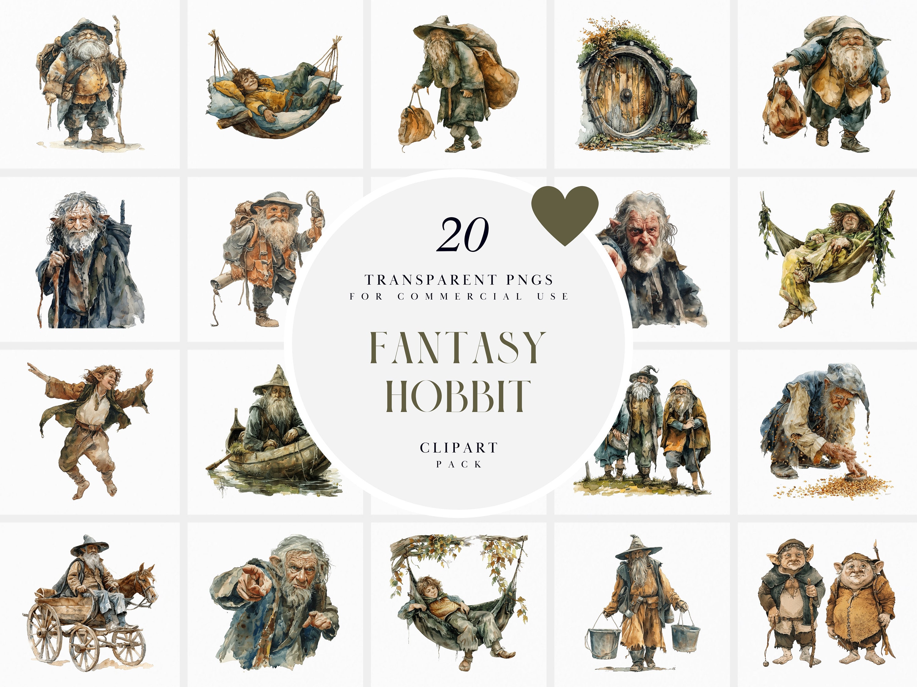Watercolor Fantasy Hobbit Clipart, Magical Hobbits Clipart, Fantasy ...